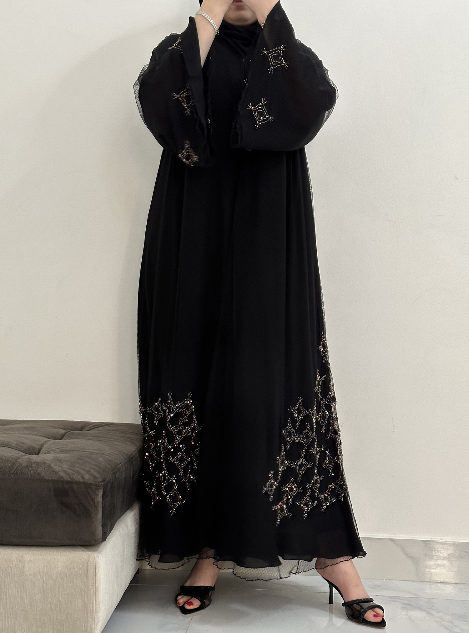 Abaya 104 inch Black mesh overlay abaya with embellishment. Comes with a matching headscarf ...