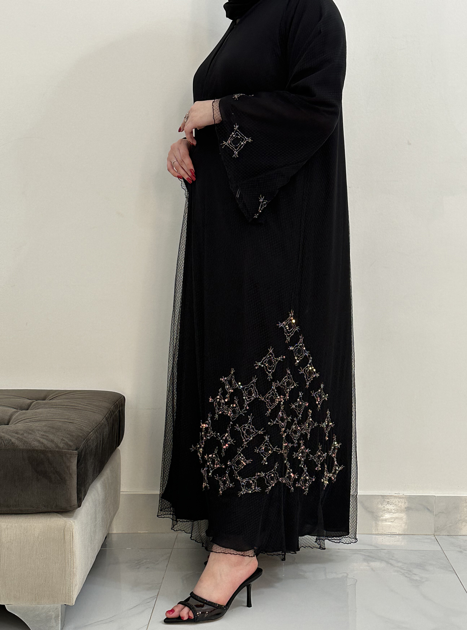 Abaya 104 inch Black mesh overlay abaya with embellishment. Comes with a matching headscarf ...