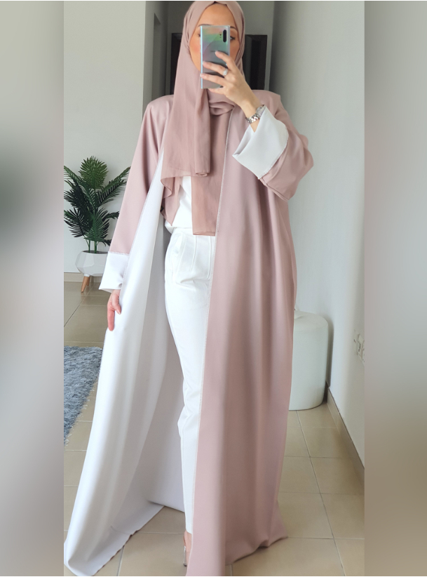 Y004 Abaya Reversible Elegant Abaya with 2 colors, White with Beige. Abayas from at Boksha