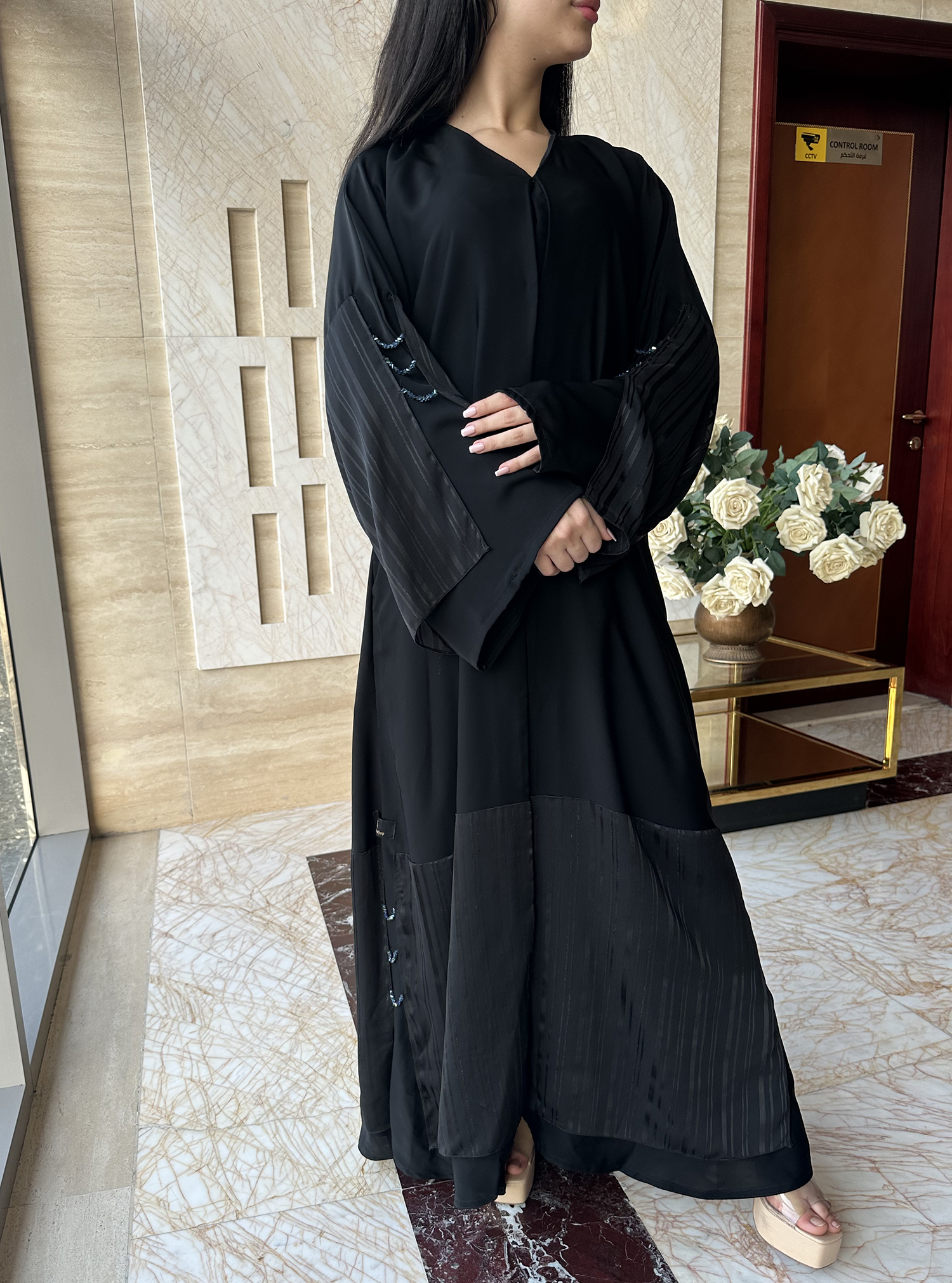 Abaya code CS06 Abaya with zari chiffon fabric panell and rainbow crystal detailing on sides ...