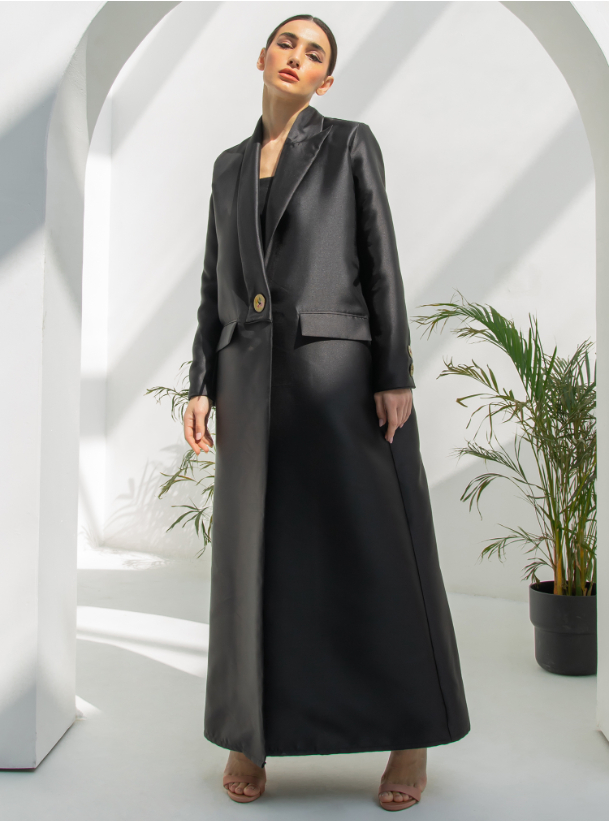 SS23 L-AS013 Mikado abaya in an un symmetrical modern lapel carring a ...