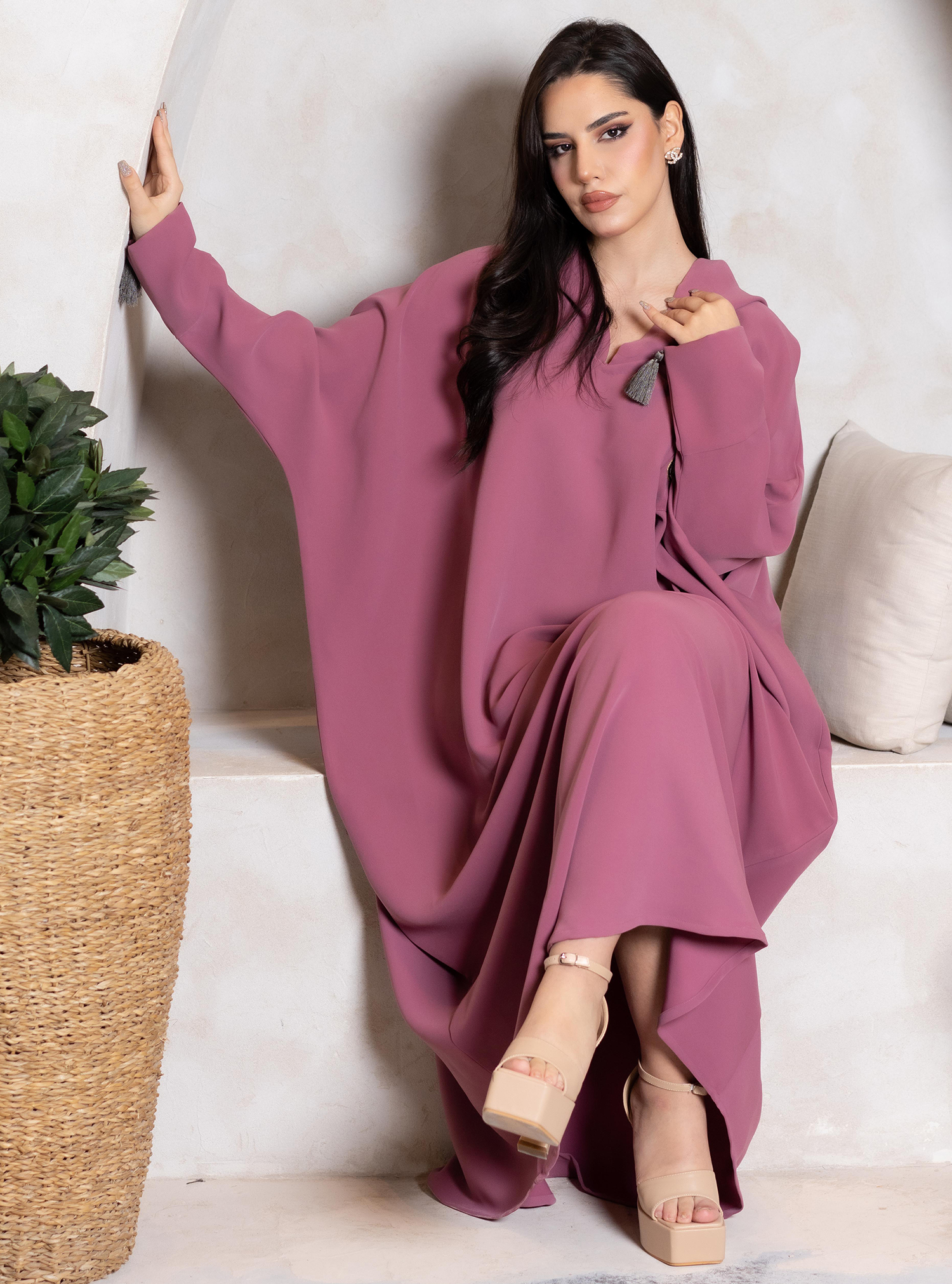 Dusty pink hooded pink kaftan with tassels and beaded patch on side ...