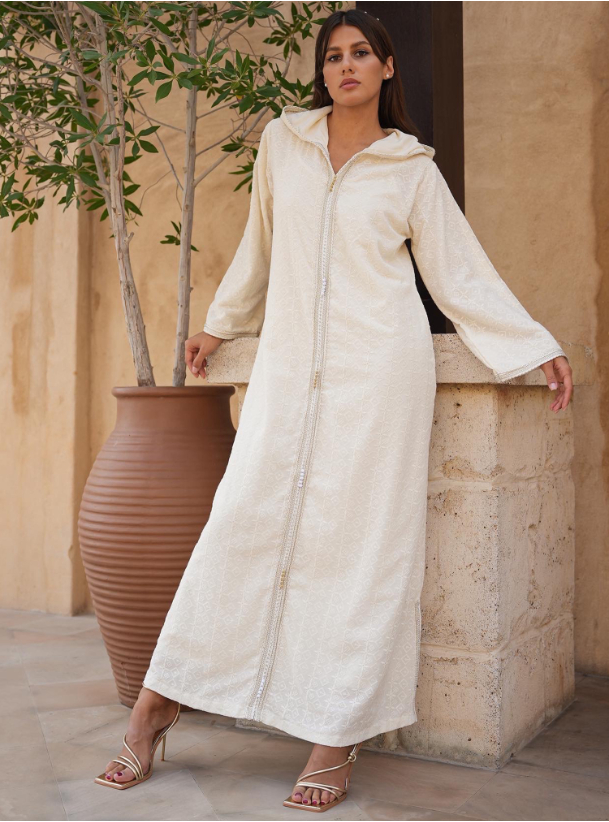 TALEEN KAFTAN Kaftan with hoodie embroidered cotton with beige golden sfifa Kaftans from Morbel ...