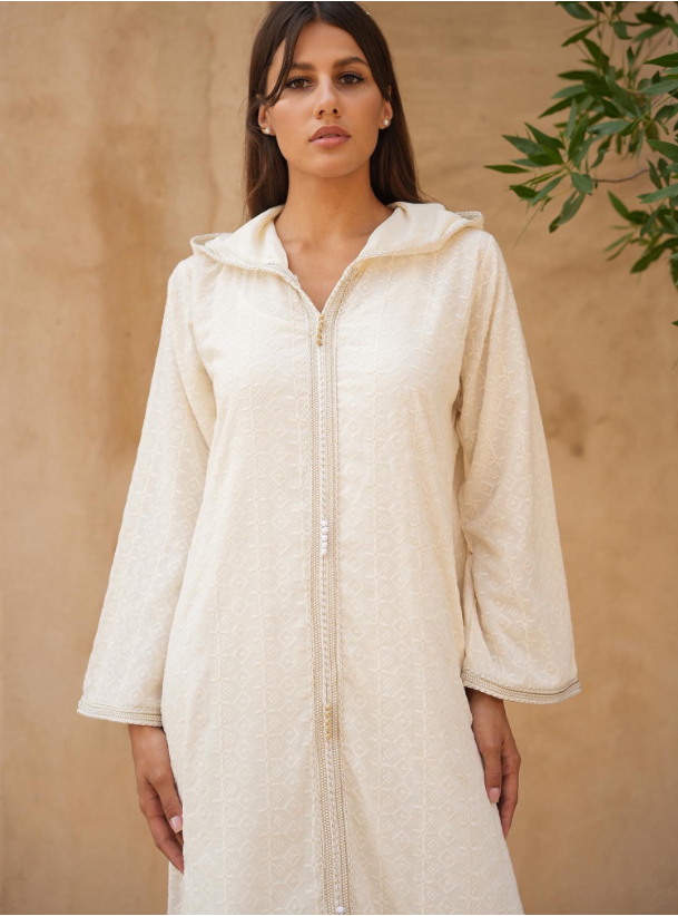 TALEEN KAFTAN Kaftan with hoodie embroidered cotton with beige golden sfifa Kaftans from Morbel ...