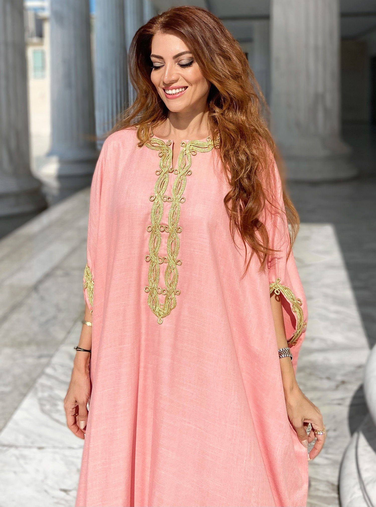 Golden Lace Linen Kaftan crafted from soft linen material with golden ...