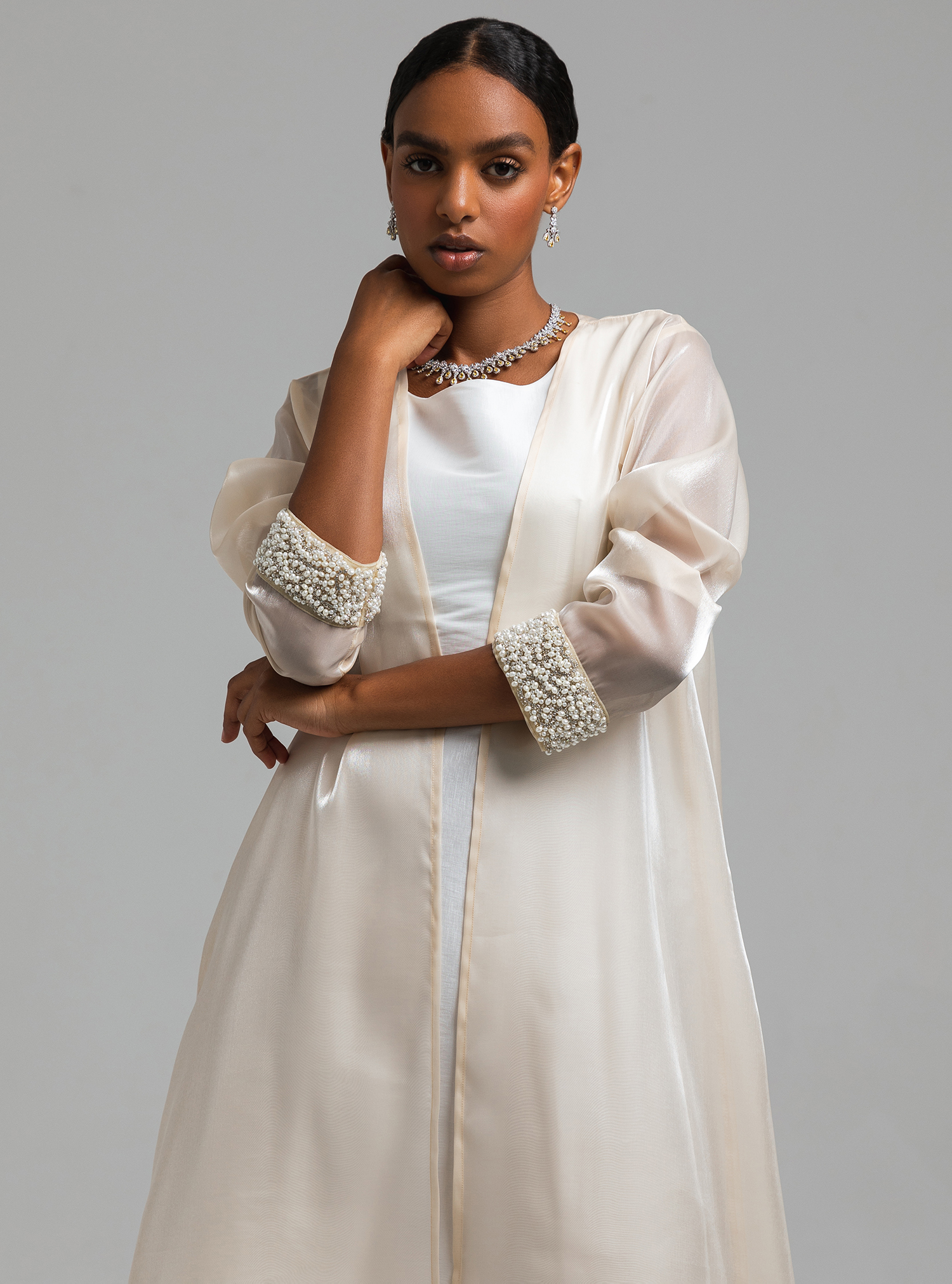 Acacia Organza Outer Abaya with pearl beading around the sleeves Abayas ...