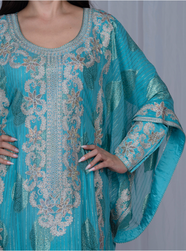 Beaded Kaftan Turquoise embellished patterned kaftan with layered cape ...