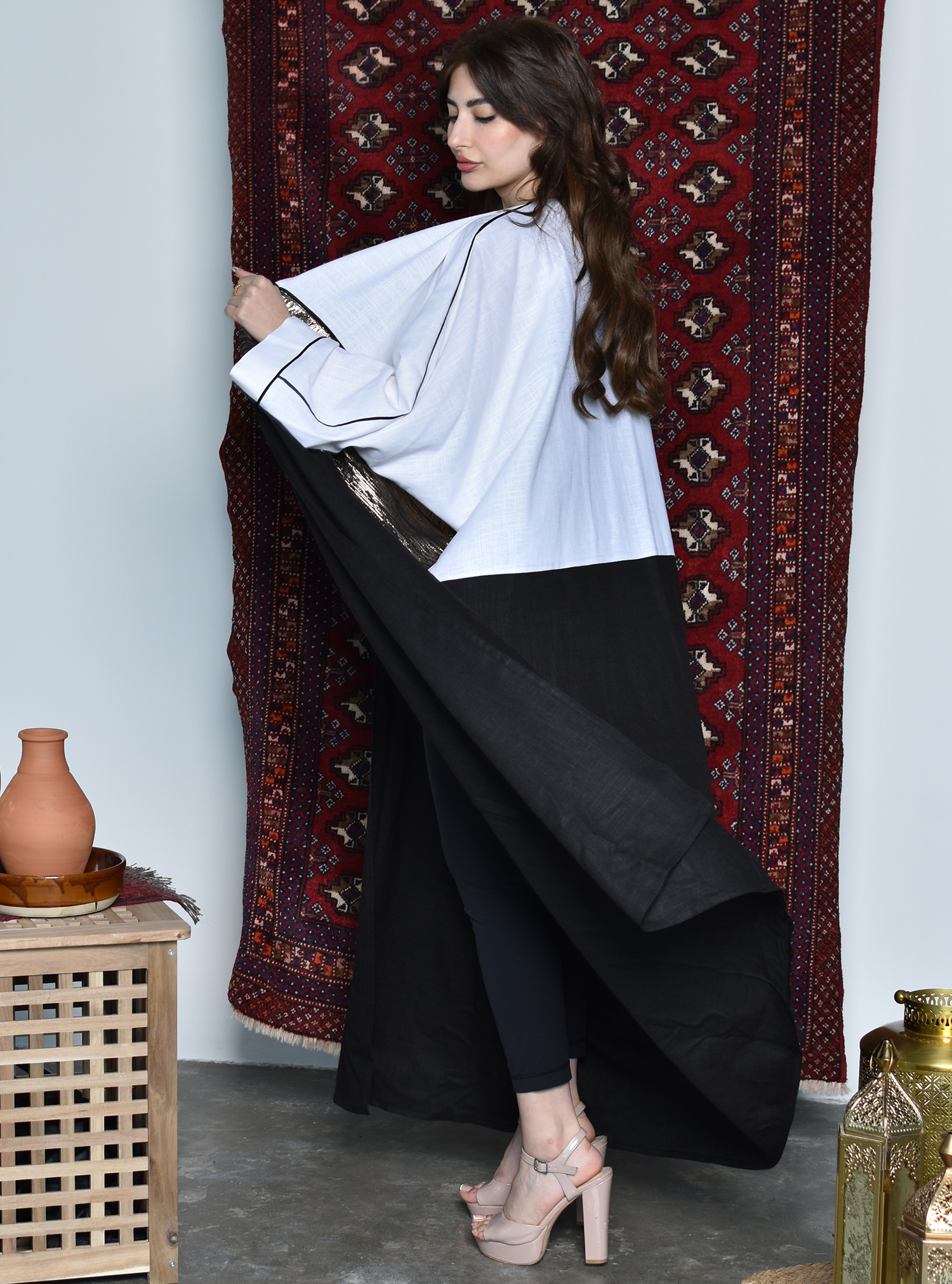 M011 Abaya Black and white bisht abaya with metallic waist detail ...