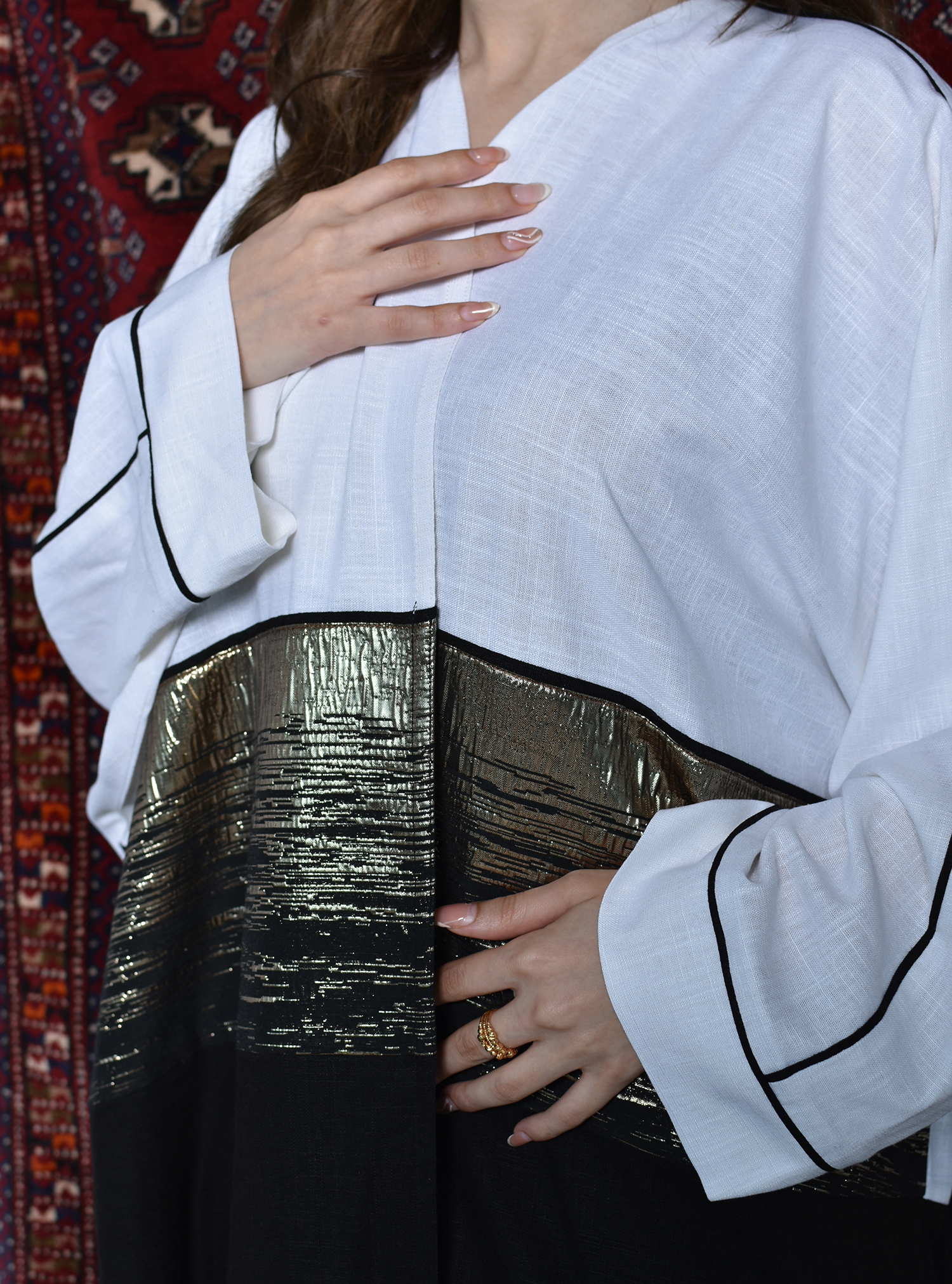 M011 Abaya Black and white bisht abaya with metallic waist detail ...