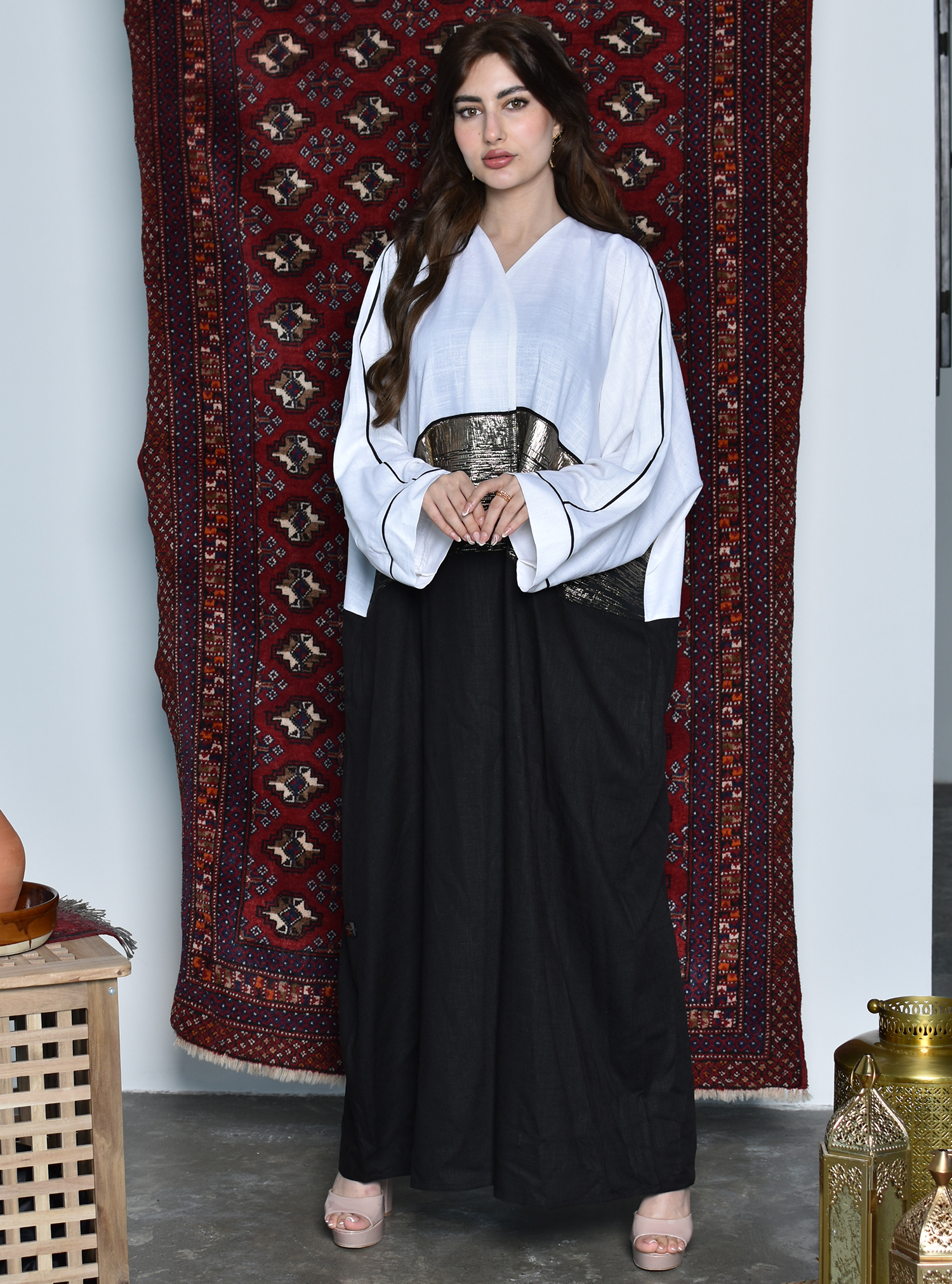 M011 Abaya Black and white bisht abaya with metallic waist detail ...