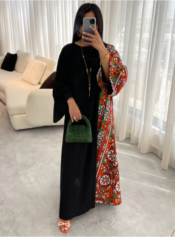 FAB015 Black linen with orange embroidery inspired from the Jordanian ...