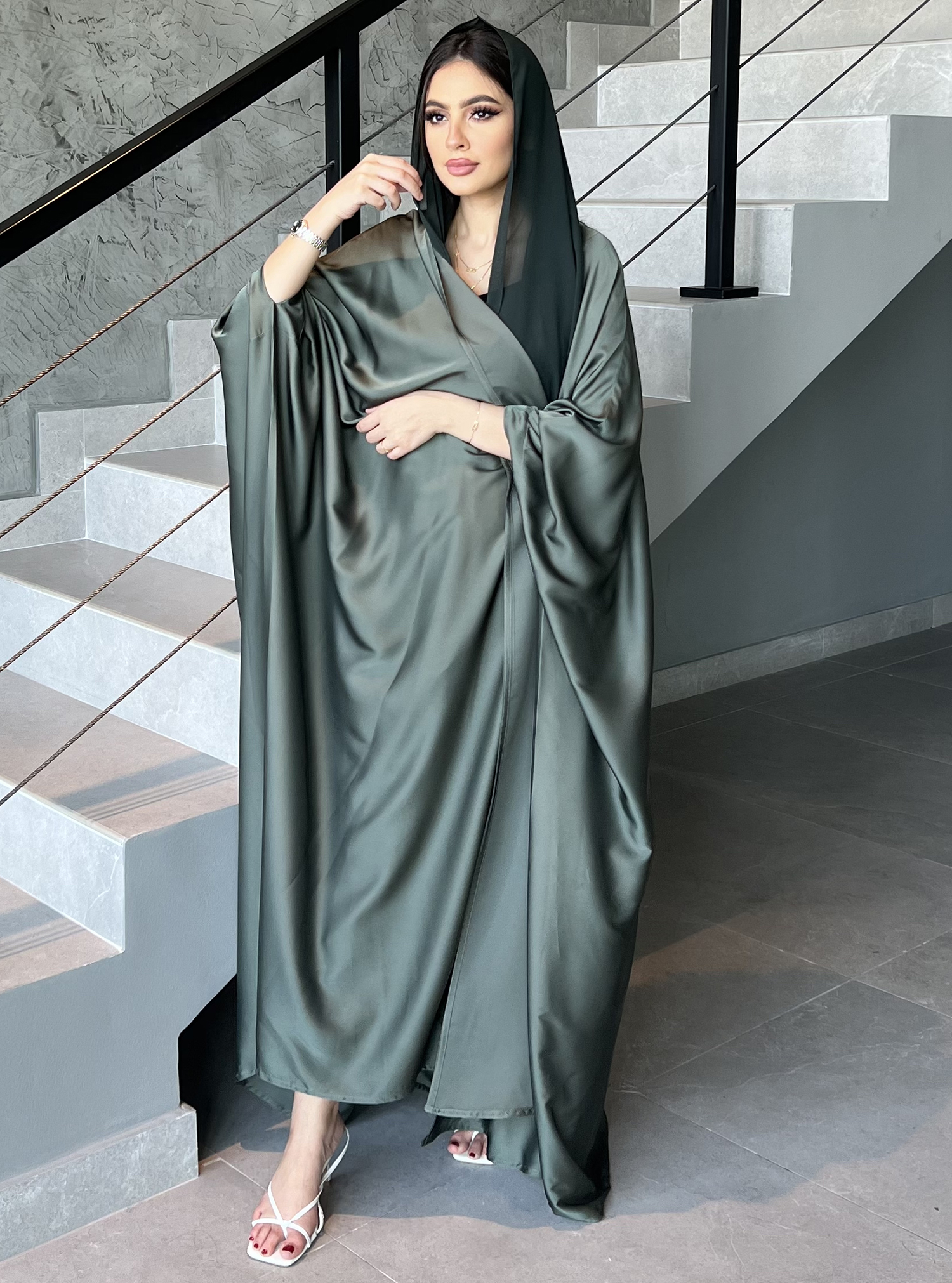 S722 Silky Green silk abaya. Comes with a headscarf. Abayas from Shelen ...
