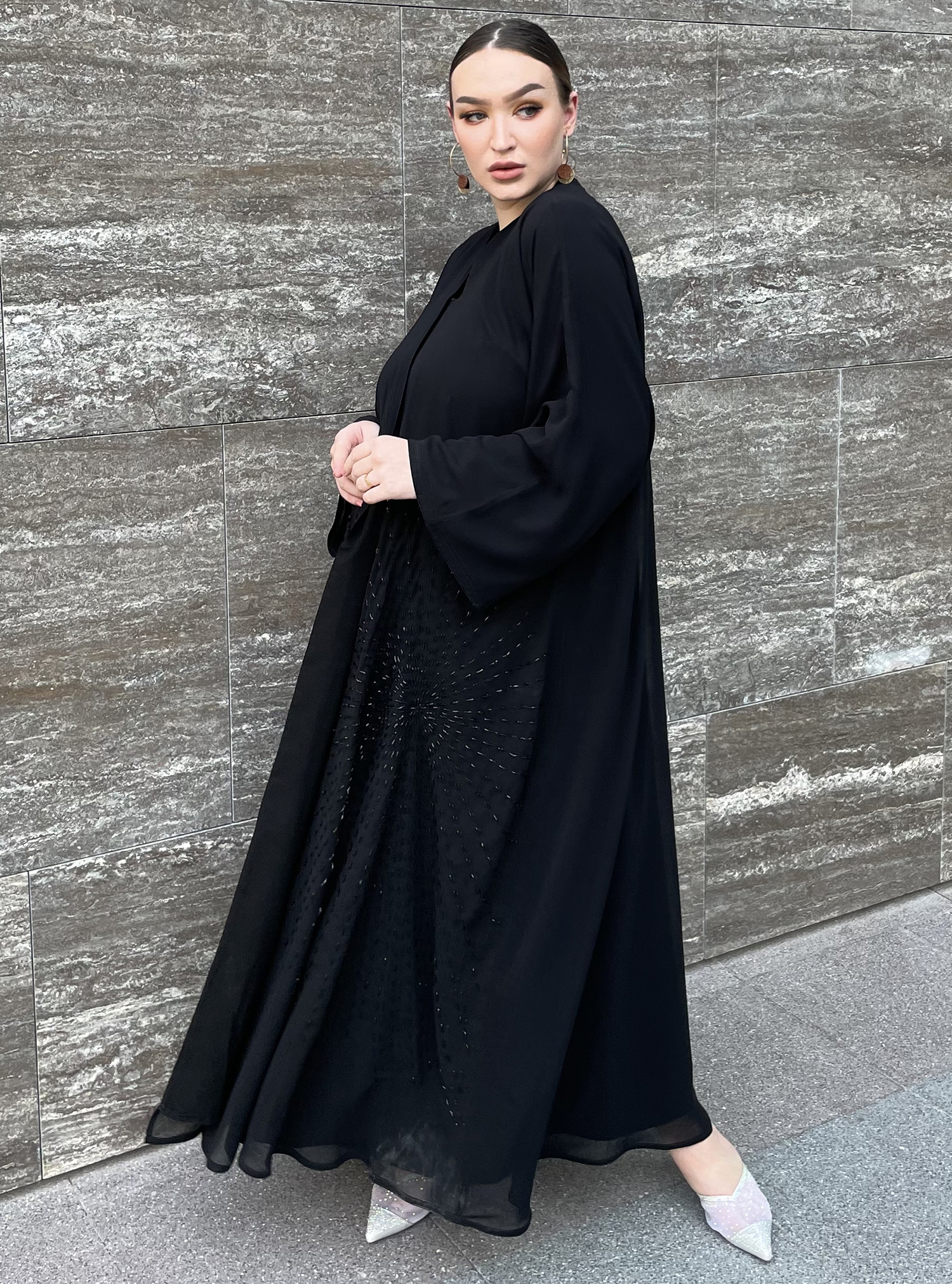 W61 Black Abaya Black double chiffon abaya adorned with black beads ...