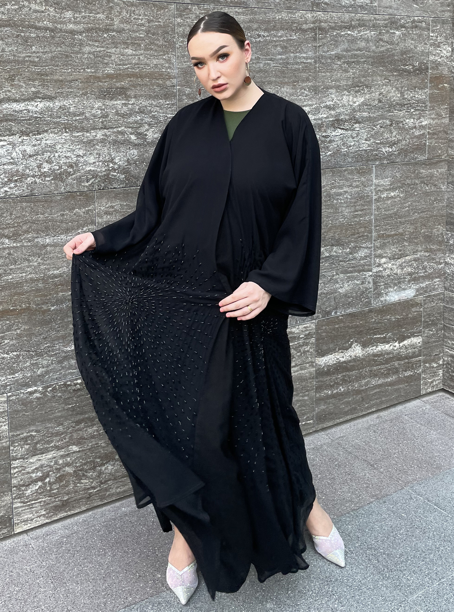W61 Black Abaya Black double chiffon abaya adorned with black beads ...