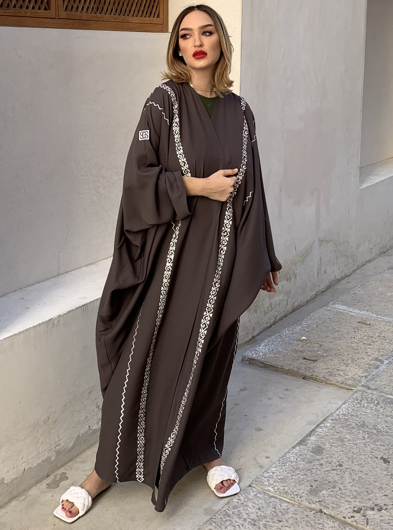 W230 Abaya Gray abaya adorned with off-white embroidery. Abayas from Shelen Designs at Boksha