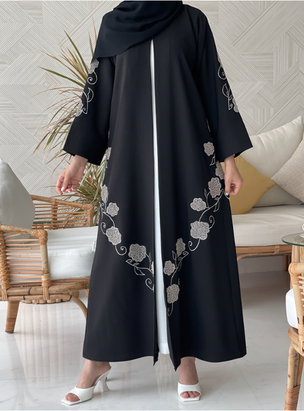 Abaya A18 Straight cutting abaya with offwhite embroidery and hand work ...