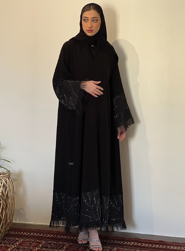 Lux Abaya Luxurious black crepe abaya with tulle trimmings. Comes with a matching headscarf ...