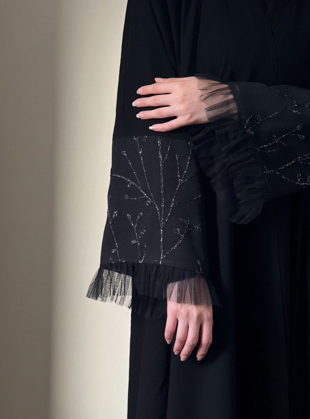 Lux Abaya Luxurious black crepe abaya with tulle trimmings. Comes with a matching headscarf ...