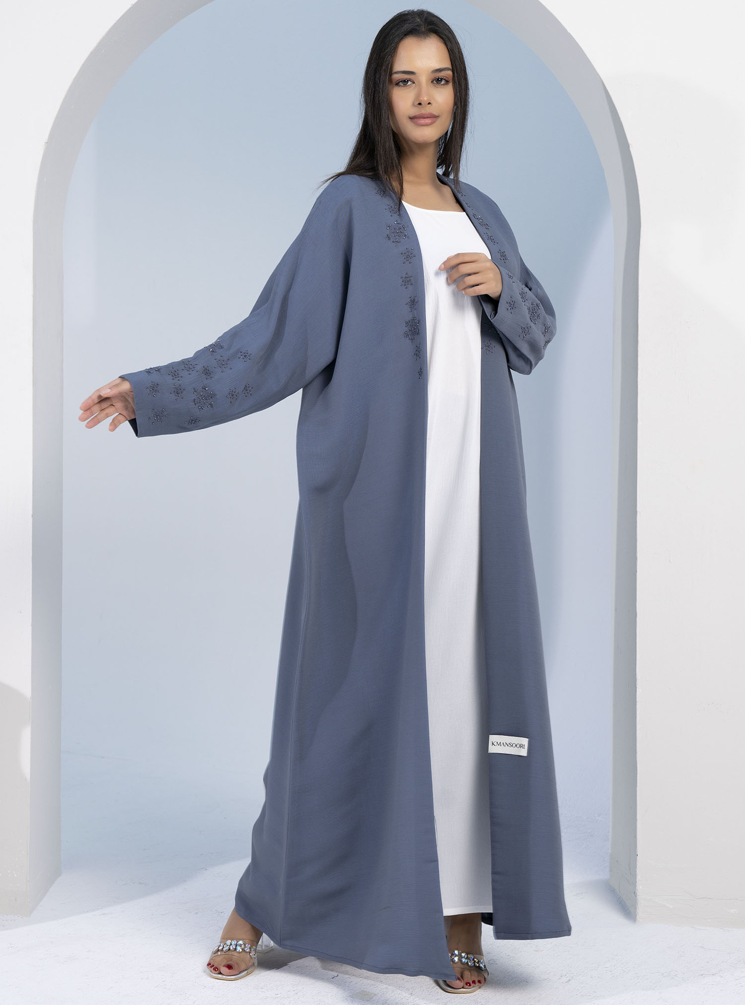 K929SBU Sky Blue Bisht Abaya With Floral Embroidery With Embellishments ...