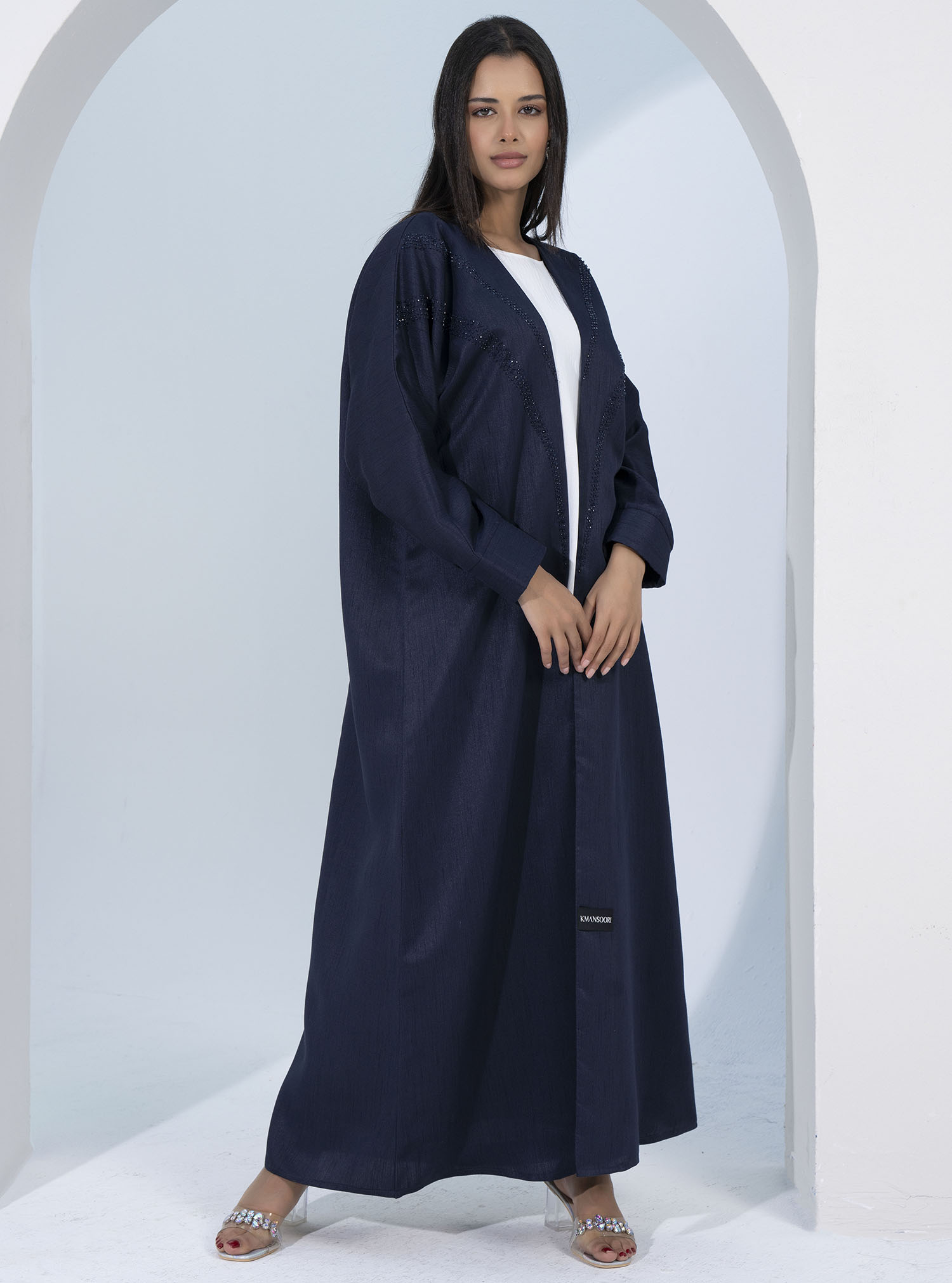 K931DBU Dark Blue Bisht Abaya With Drop Shoulder Embellishments. Comes ...
