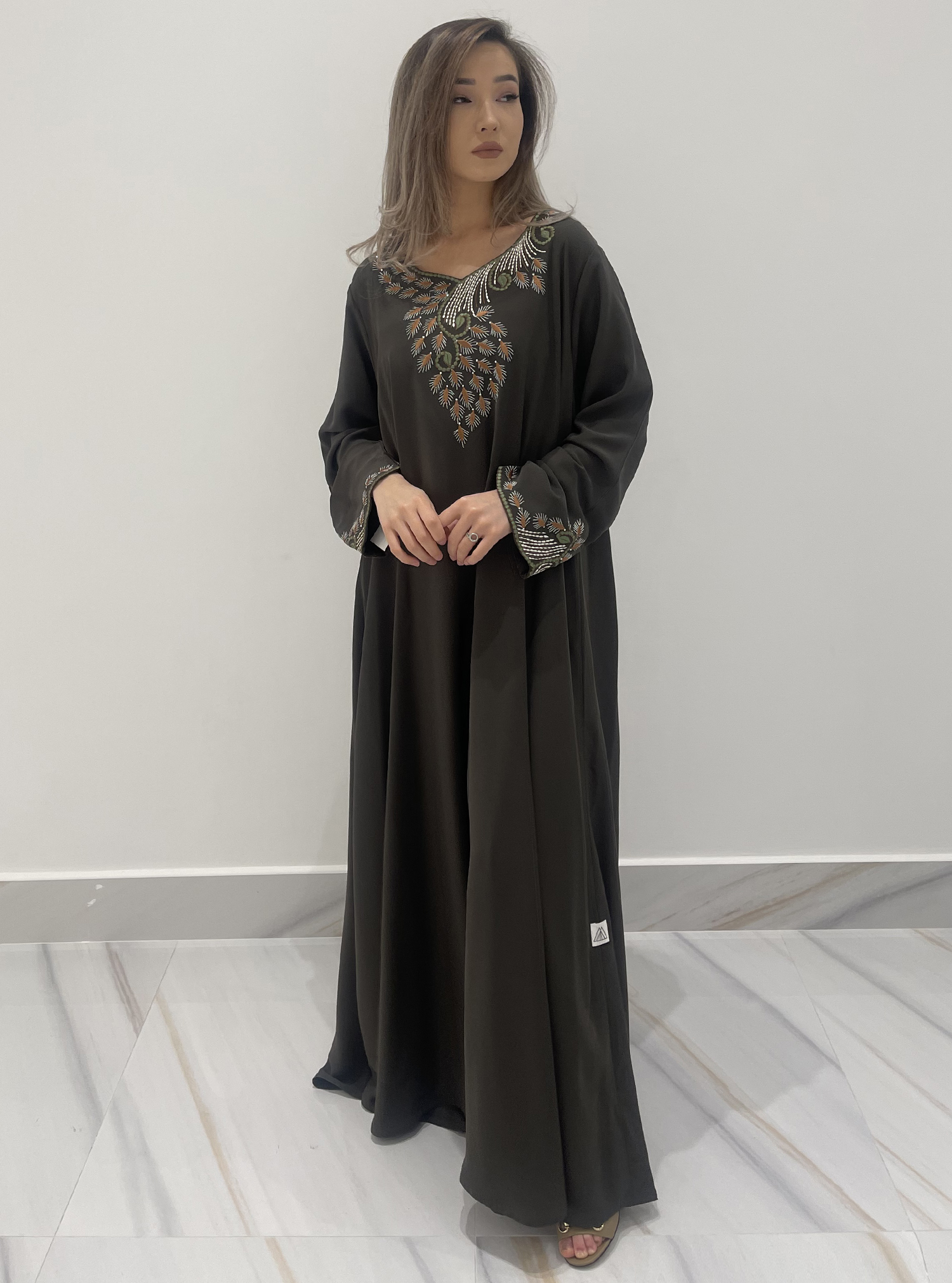 Kaftan Olive grey kaftan with embroidery Kaftans from Threads fashion at Boksha