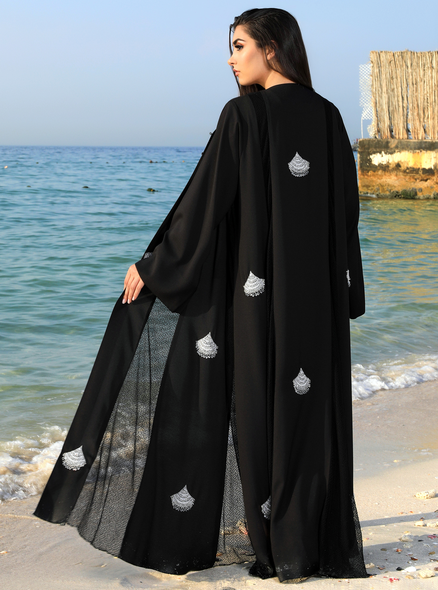 AB- 3744 Abaya Luxurious crepe abaya with a chiffon overlay, adorned ...