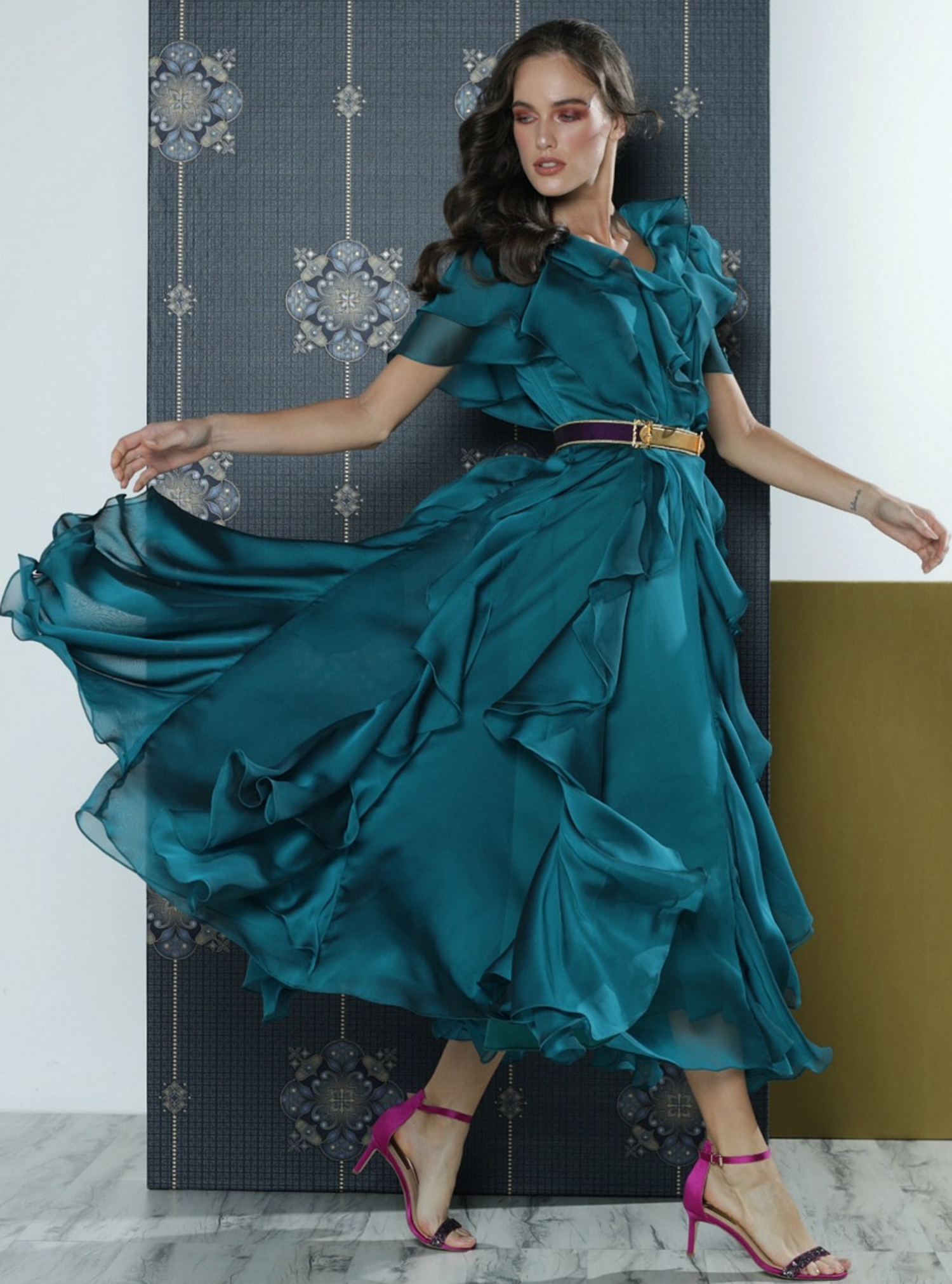 BYKCRD002 green Fancy french chiffon ruffles dress with metallic buckle ...