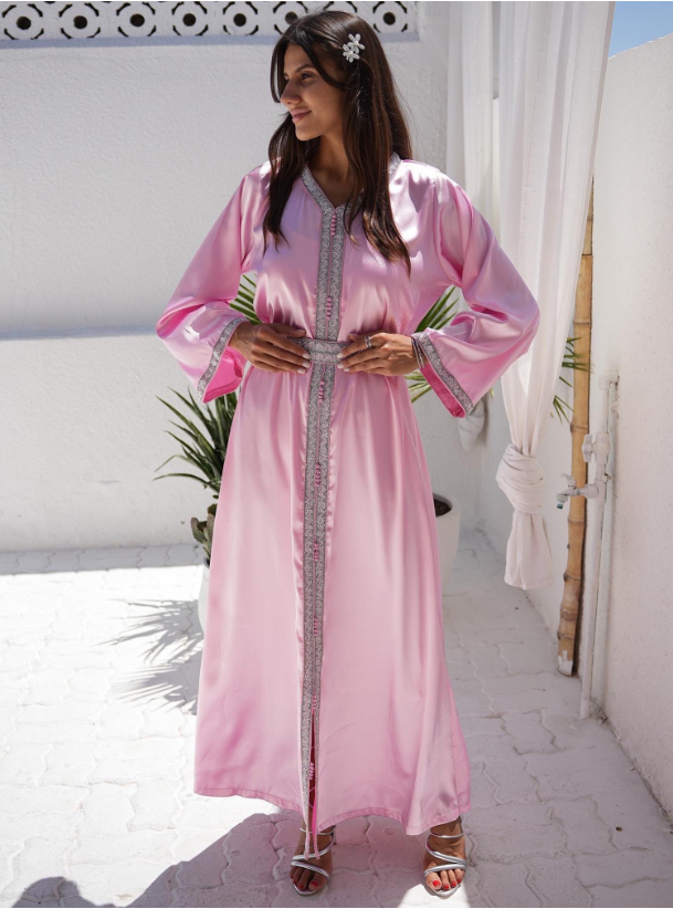 AMIRA KAFTAN Silk belted kaftan crafted with Moroccan lace Kaftans from Morbel kaftan at Boksha