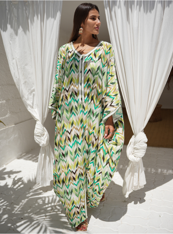 SHADIA KAFTAN Cotton kaftan lose fit with Moroccan lace Kaftans from Morbel kaftan at Boksha