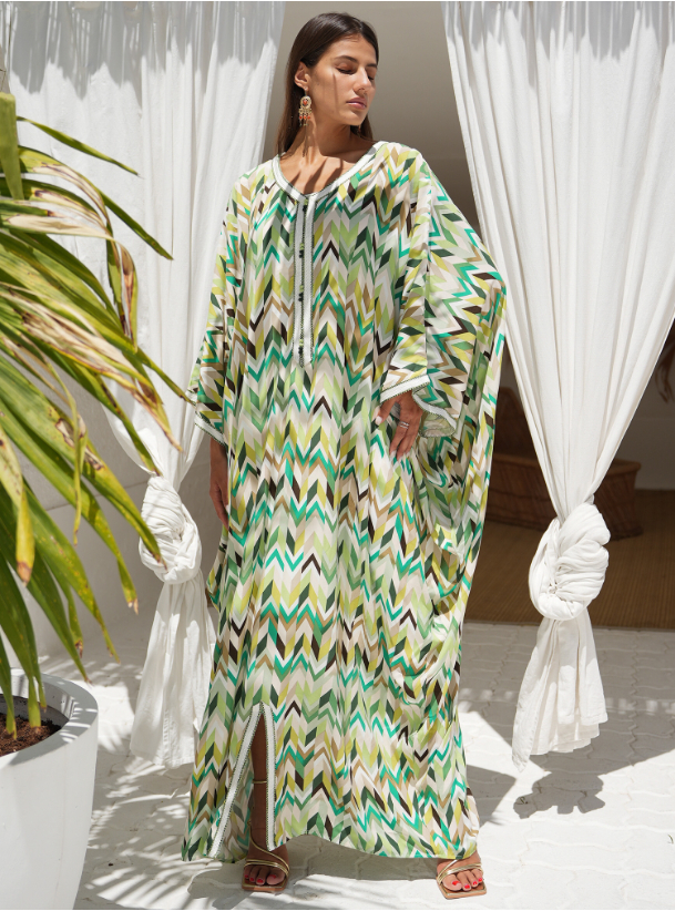 SHADIA KAFTAN Cotton kaftan lose fit with Moroccan lace Kaftans from Morbel kaftan at Boksha