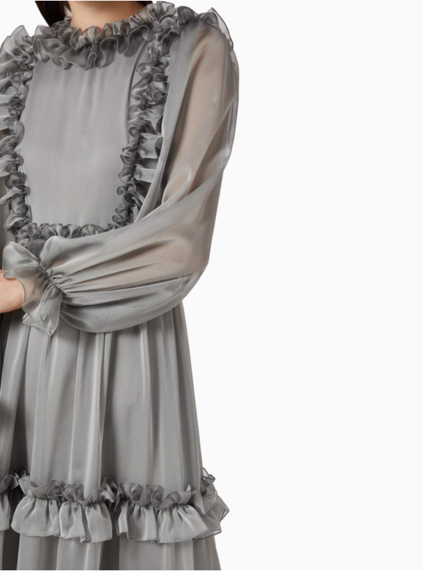 LAM21202grey Ruffled chiffon dress with bib neckline. Dresses from at ...