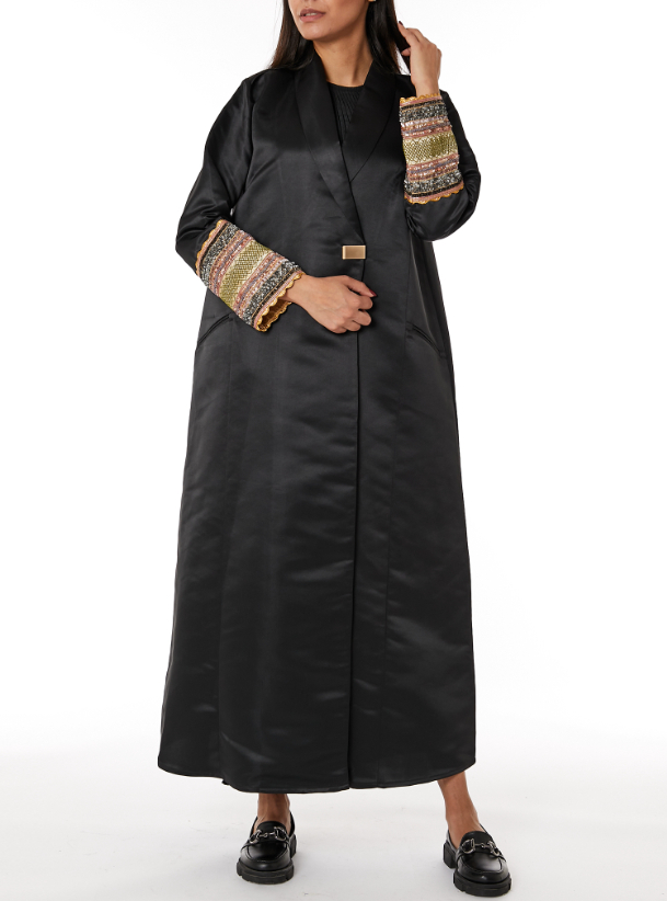 Black Abaya MOiSTREET Black Lapel Collar Bridal Satin Pocket Abaya ...