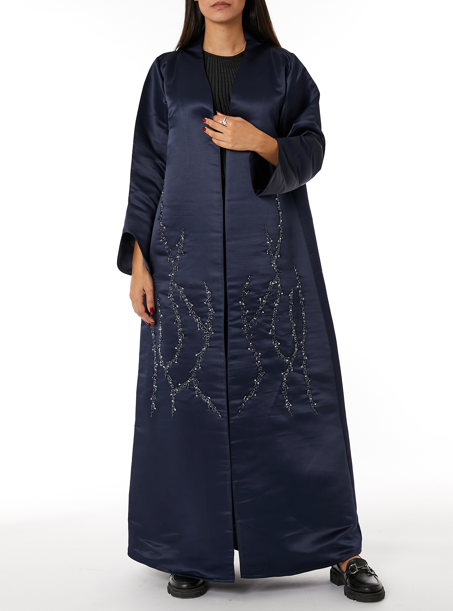 Navy Abaya MOiSTREET Navy Bridal Satin Embroidered Open Abaya Abayas ...