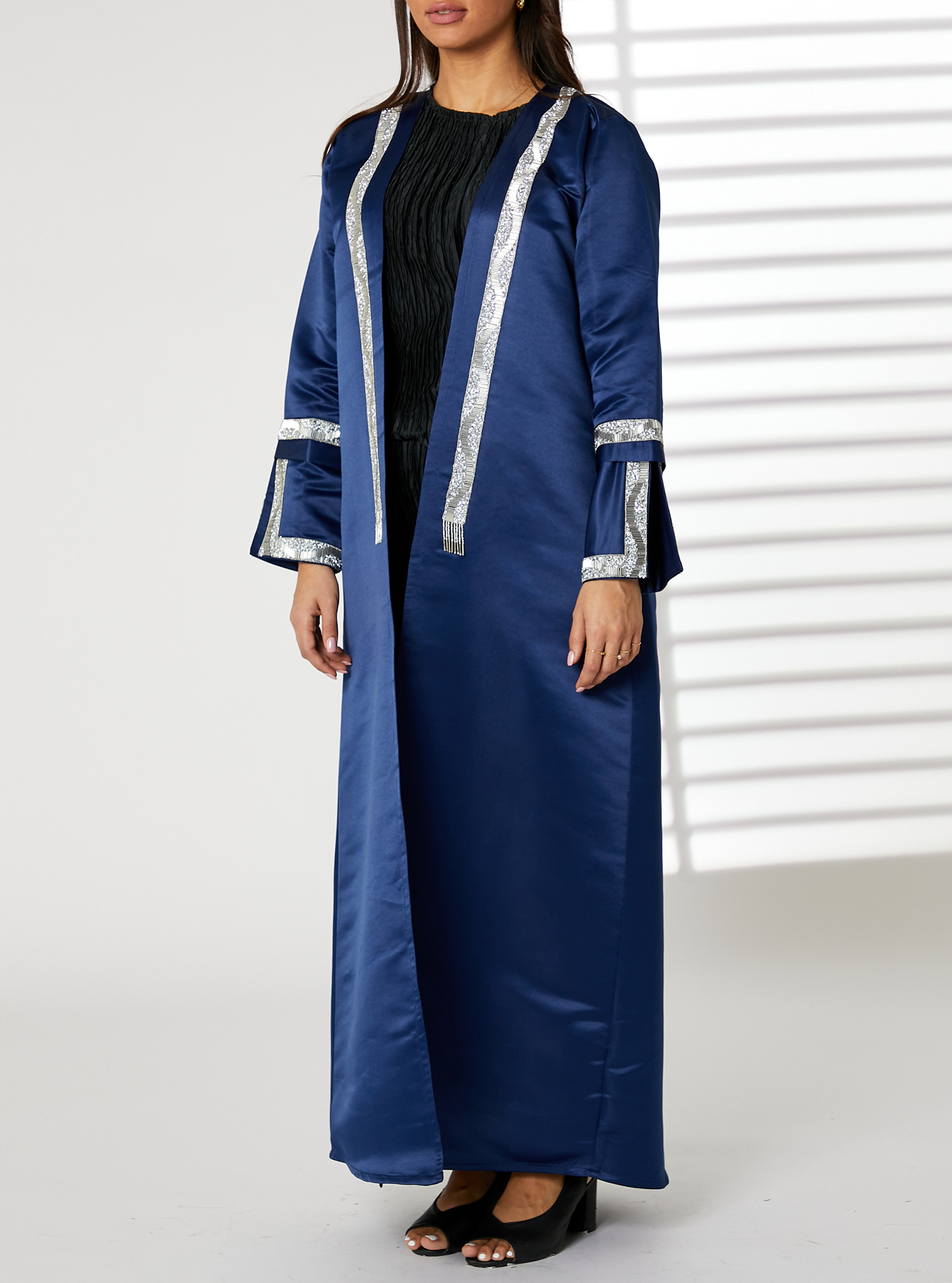 Navy Abaya MOiSTREET Navy Bridal Satin Abaya with Split Cuffs Abayas from Moistreet at Boksha