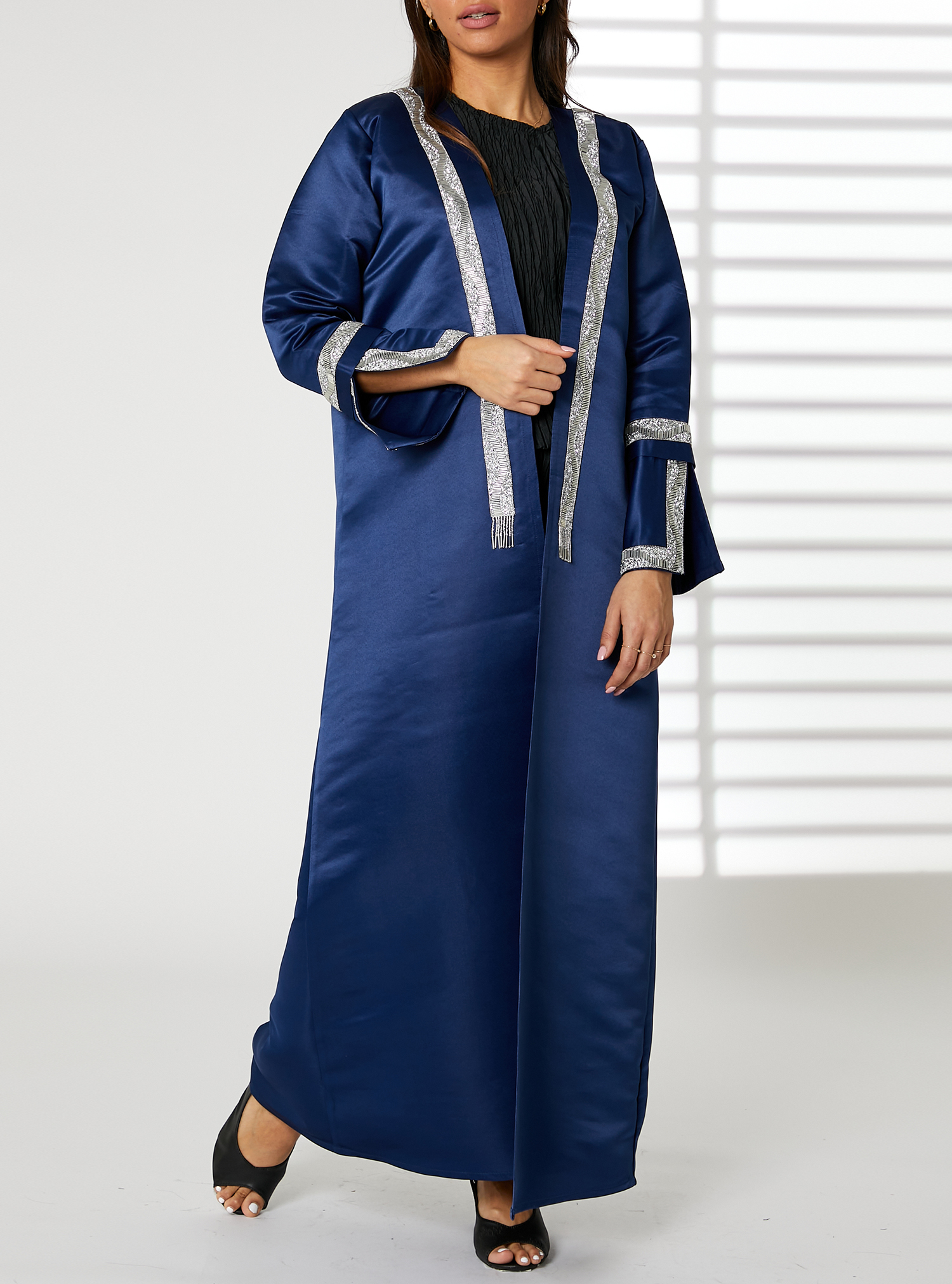 Navy Abaya MOiSTREET Navy Bridal Satin Abaya with Split Cuffs Abayas from Moistreet at Boksha