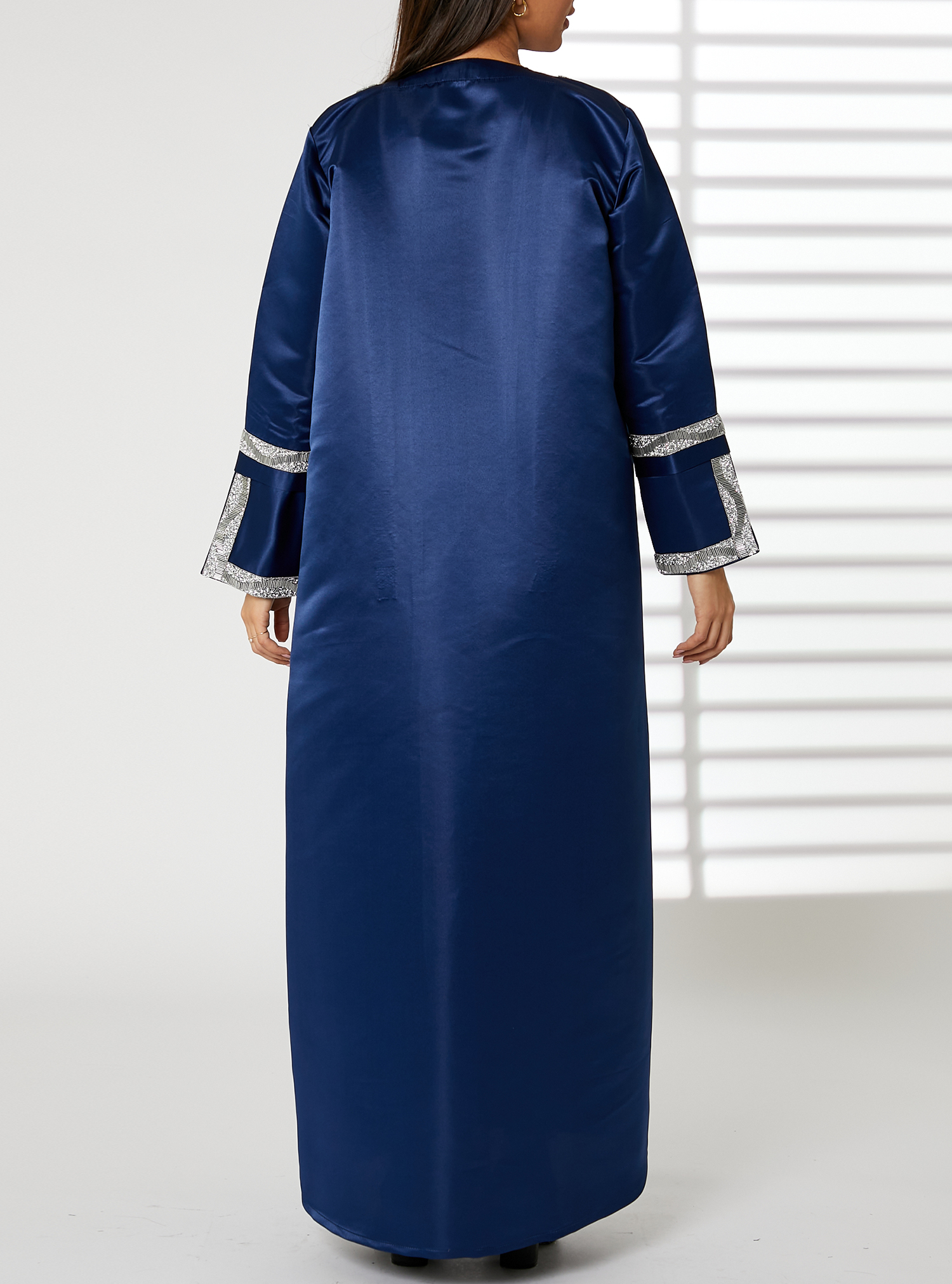 Navy Abaya MOiSTREET Navy Bridal Satin Abaya with Split Cuffs Abayas from Moistreet at Boksha