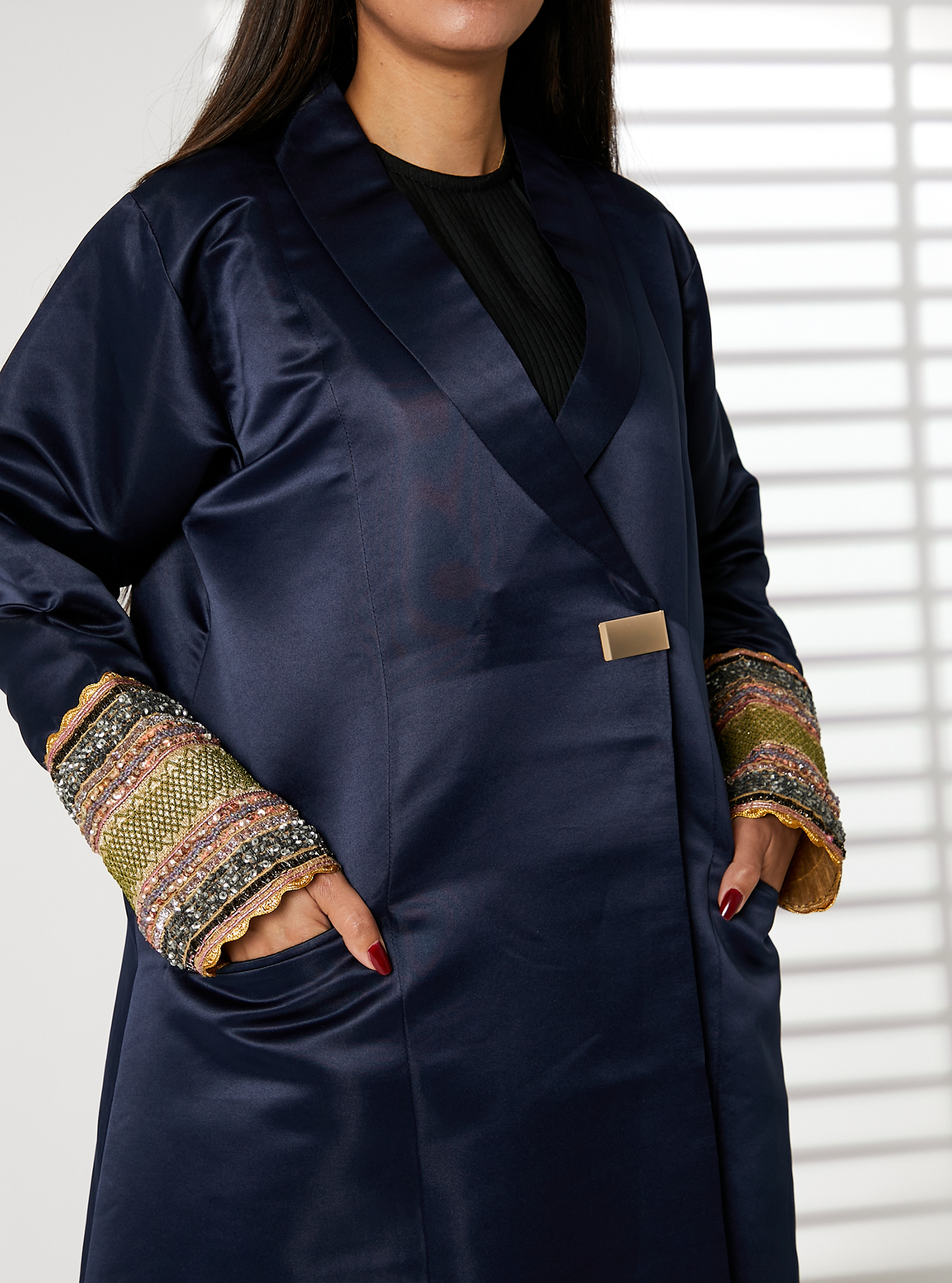 Navy Abaya MOiSTREET Navy Bridal Satin Abaya with Split Cuffs Abayas from Moistreet at Boksha