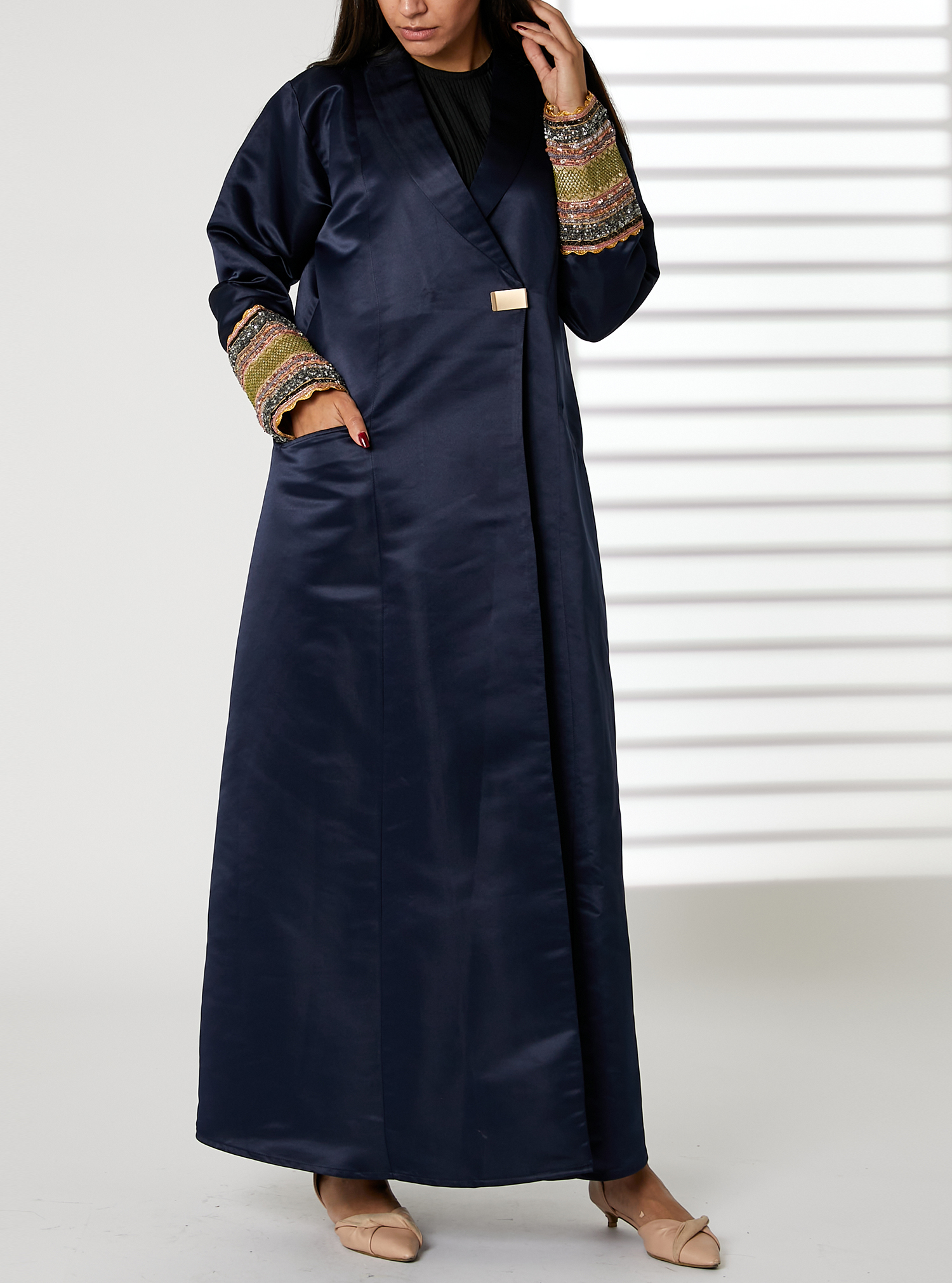 Navy Abaya MOiSTREET Navy Bridal Satin Abaya with Split Cuffs Abayas ...