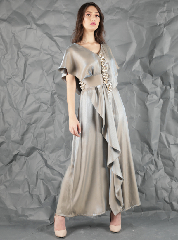 BYK20151 brown Grey ruffled dress with cape sleeves, adorned with 3D ...