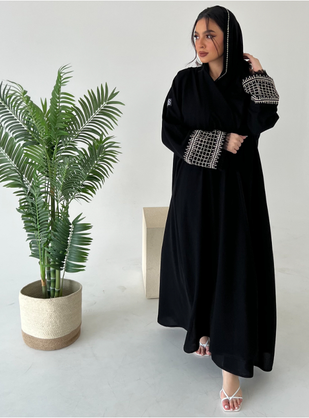 A24 Daily black crepe abaya with embellished sleeves Abayas from Shelen Designs at Boksha