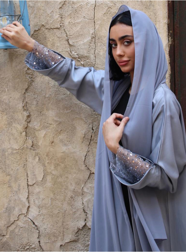 GREY ABAYA Grey abaya with glitter sleeves Abayas from My Abaya at Boksha