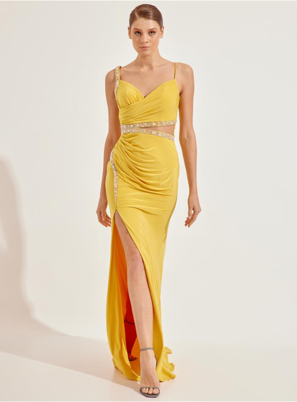 Yellow Dress Strappy yellow long dress with side slit and stone cut out ...