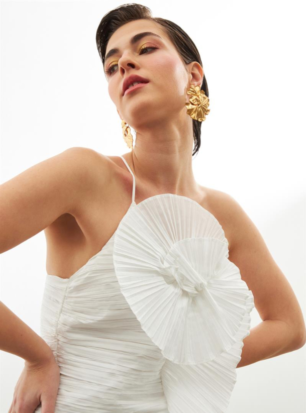 White Dress White mini dress with diagonal strap and spiral ruffle ...