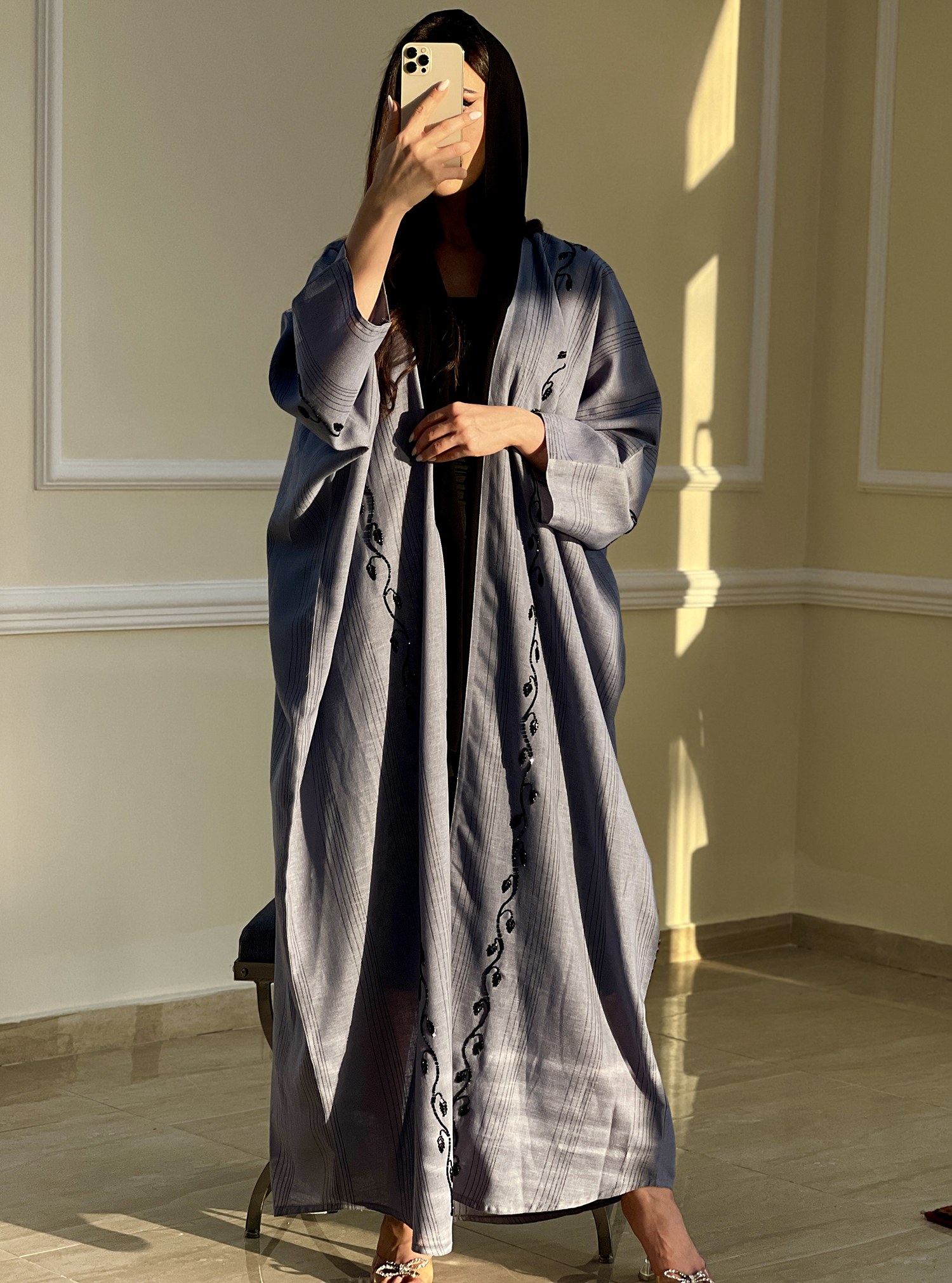 AT-010 Abaya Light blue grey linen Bisht abaya with embellishments. Comes with a headscarf ...