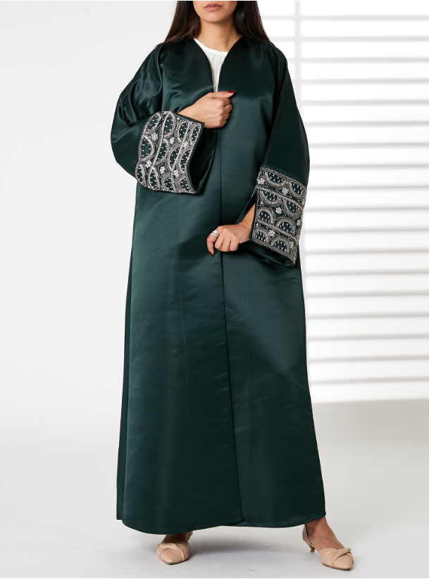 Green Abaya MOiSTREET Green V-Neck Bridal Satin Split Cuffs Abaya Abayas from Moistreet at Boksha