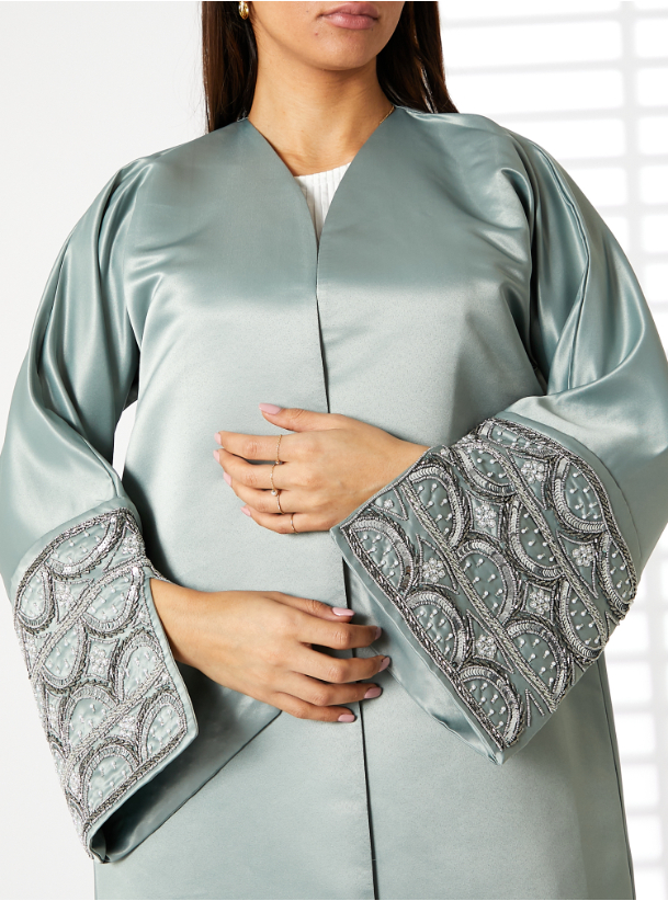 Green Abaya MOiSTREET Greenish Cyan V-Neck Bridal Satin Split Cuffs Abaya Abayas from Moistreet ...