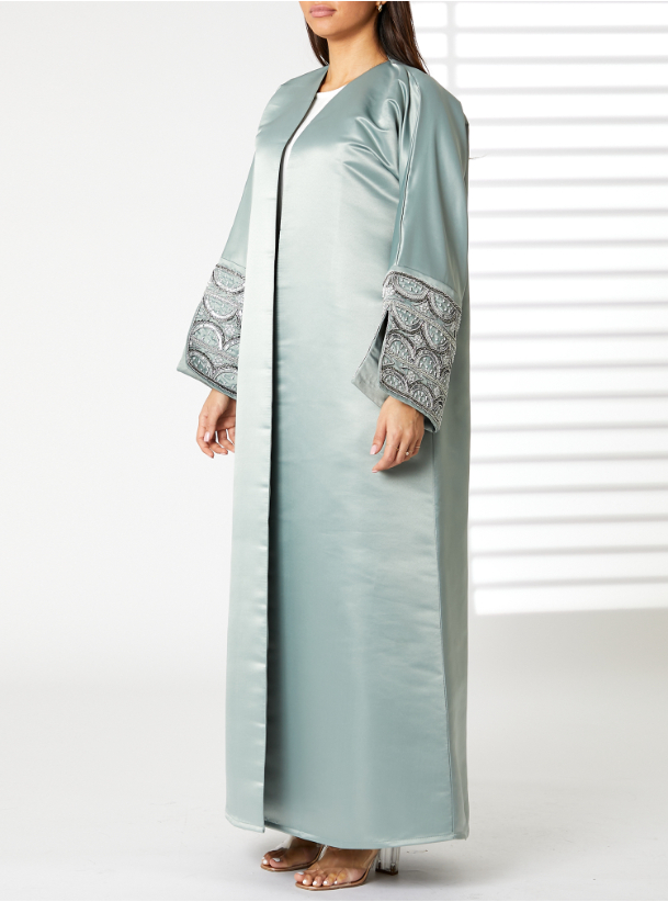 Green Abaya MOiSTREET Greenish Cyan V-Neck Bridal Satin Split Cuffs Abaya Abayas from Moistreet ...