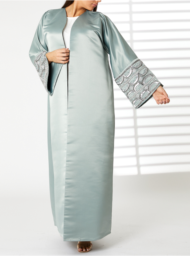 Green Abaya MOiSTREET Greenish Cyan V-Neck Bridal Satin Split Cuffs Abaya Abayas from Moistreet ...