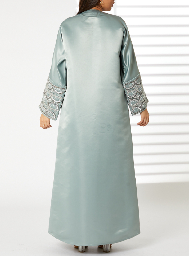 Green Abaya MOiSTREET Greenish Cyan V-Neck Bridal Satin Split Cuffs Abaya Abayas from Moistreet ...
