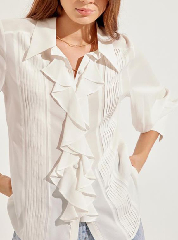 White Blouse White rayon long sleeve with collar and front ruffle ...